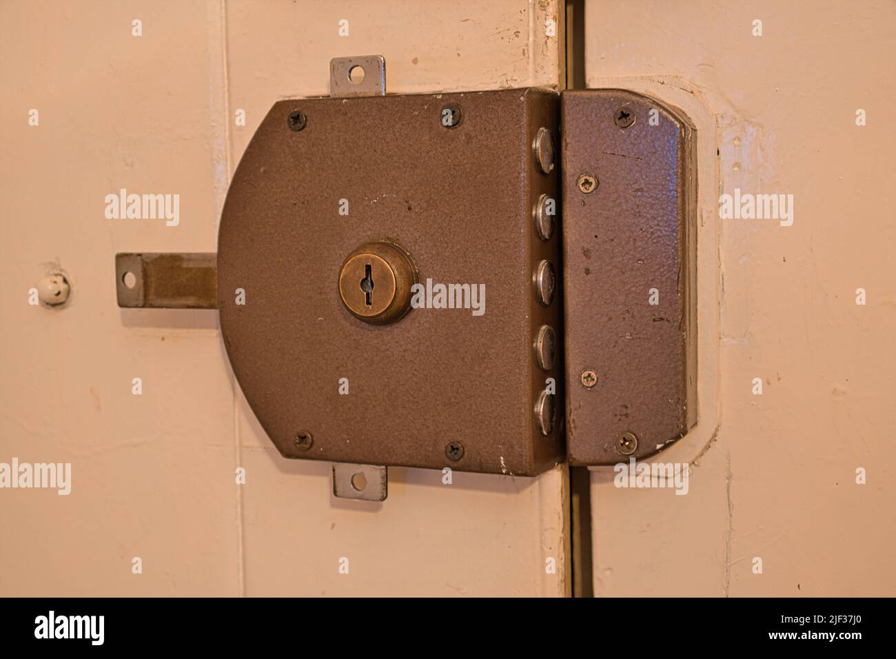 old door lock with steel bolts, high security, wooden door Stock Photo ...