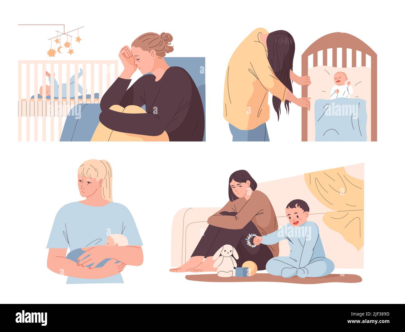 Mothers in postpartum depression with a newborn baby. Set Stock Vector ...
