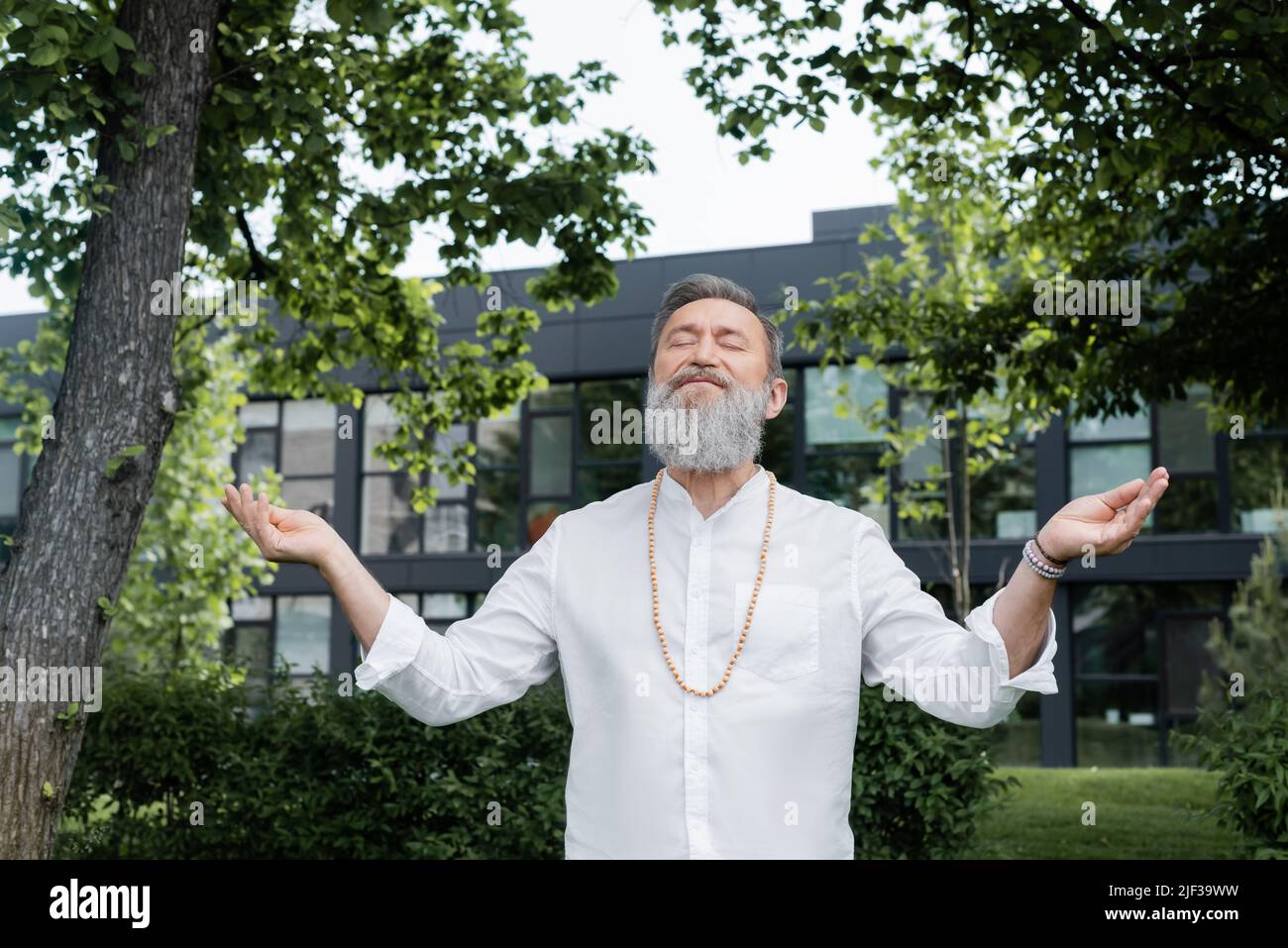 senior master guru with closed eyes and open arms meditating under ...
