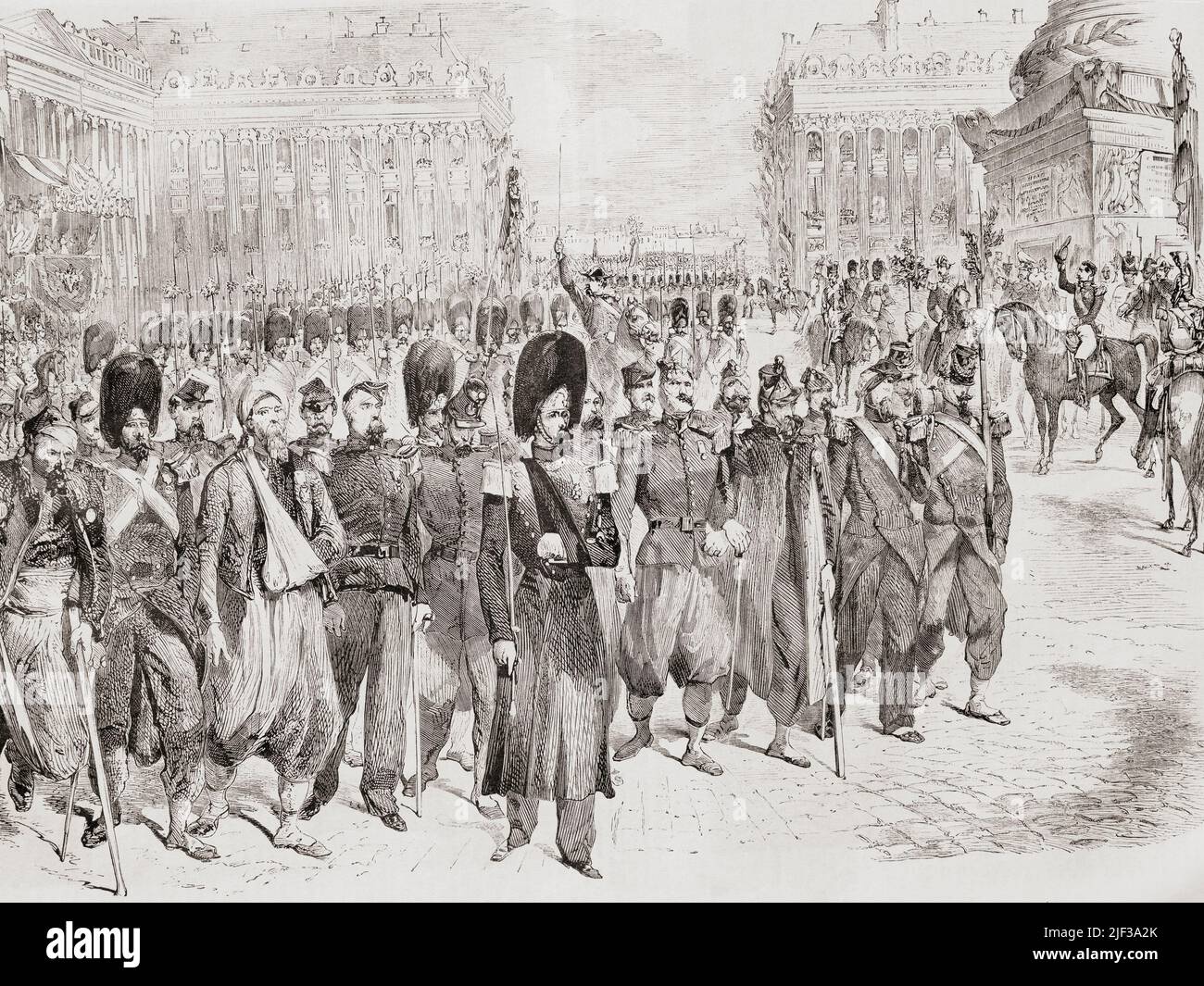French troops at the foot of the column in Place Vendome, Paris, France on their return from the ...