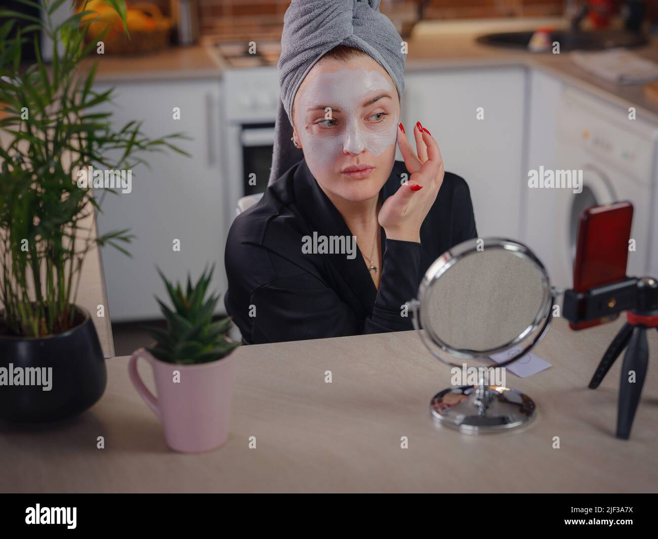 Famous Blogger Cheerful Female Vlogger Showing Beauty Mask While