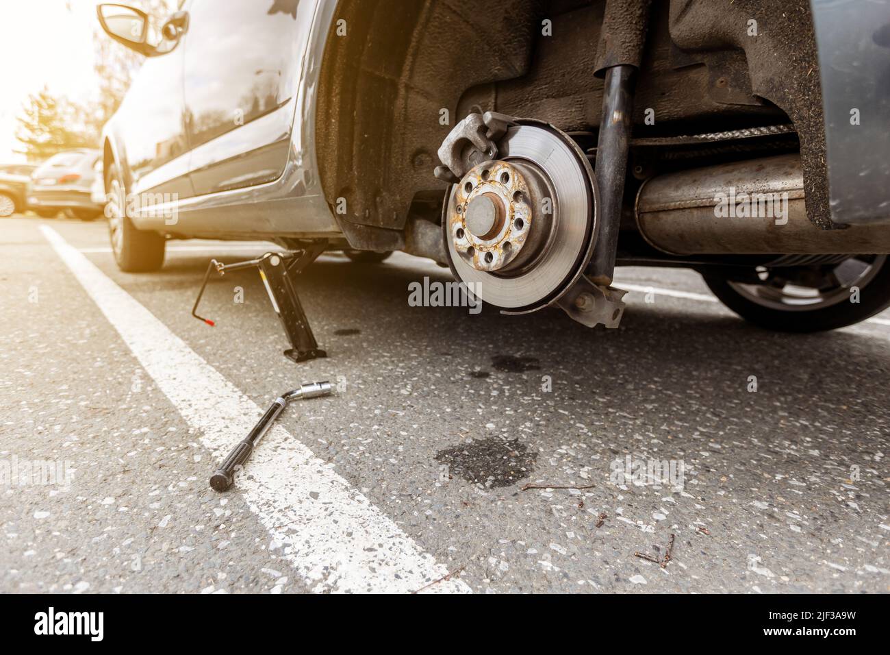 Process of self-replacing a car wheel after crash, automotive concept ...