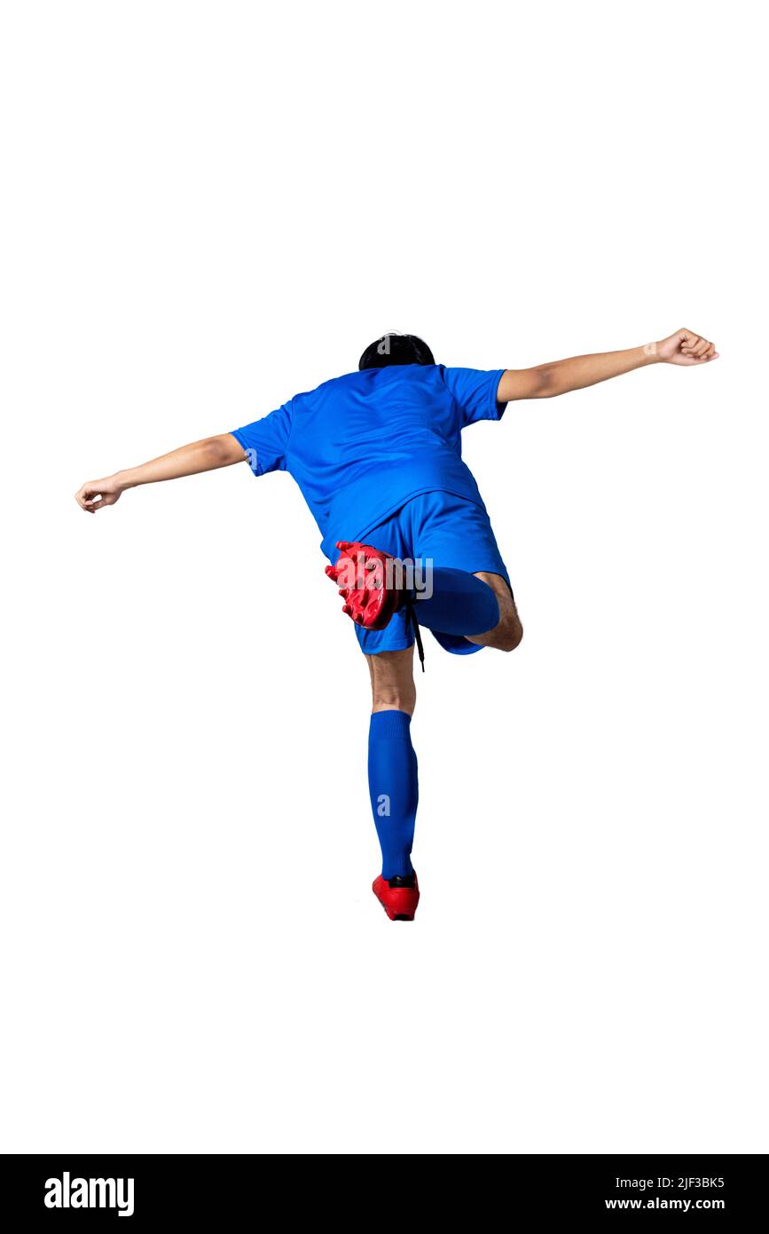 Rear view of football player man in a blue jersey with the pose of ...