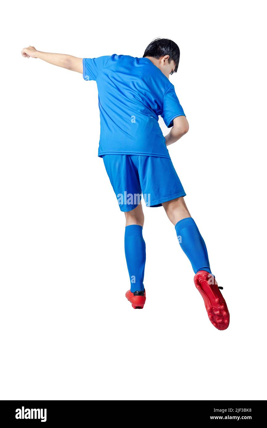 Rear view of football player man in a blue jersey with the pose of ...
