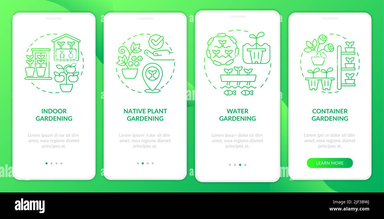 Gardening types green gradient onboarding mobile app screen Stock ...
