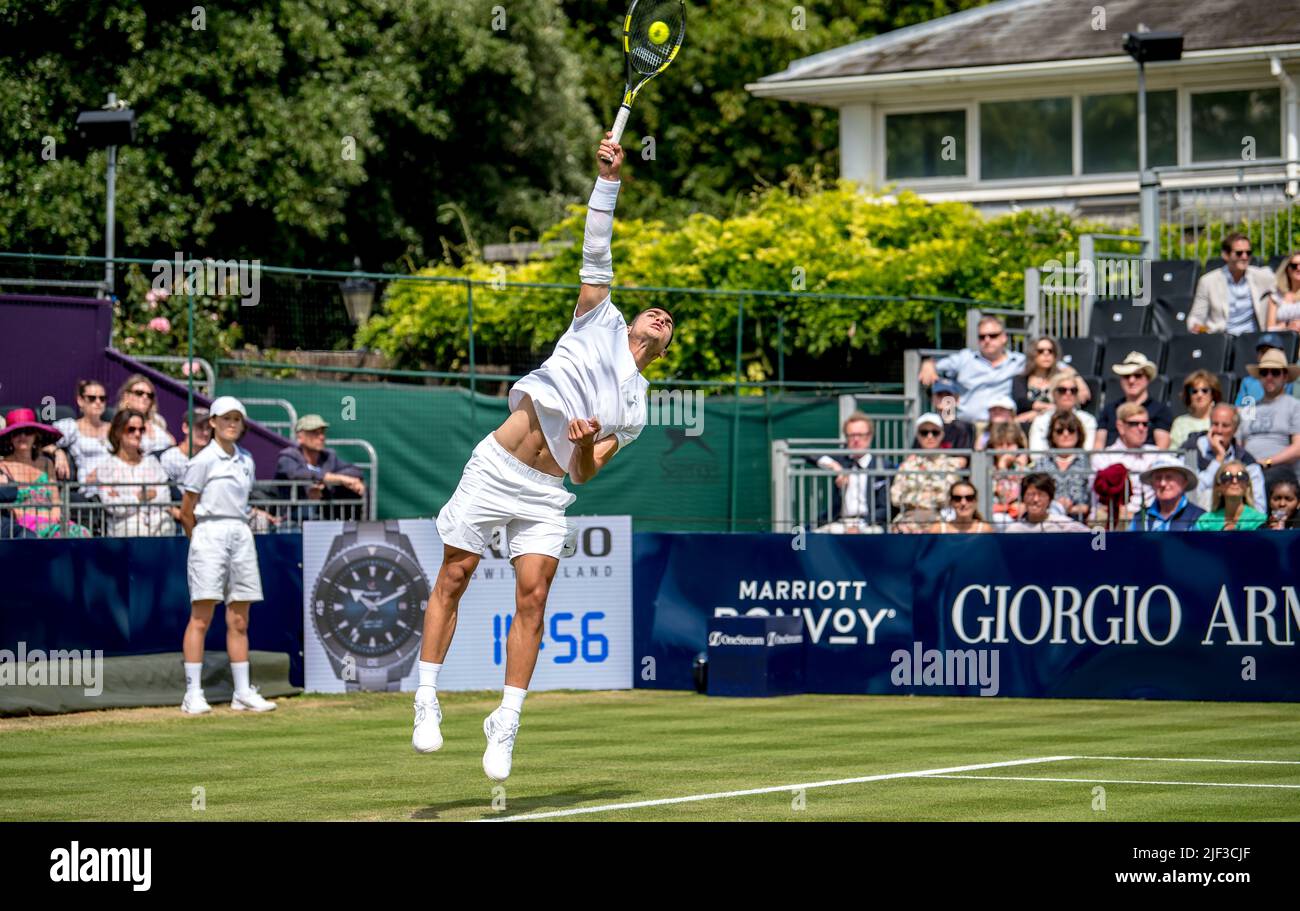 London, UK. 25th June, 2022. Carlos Alcaraz serves during the Giorgio ...