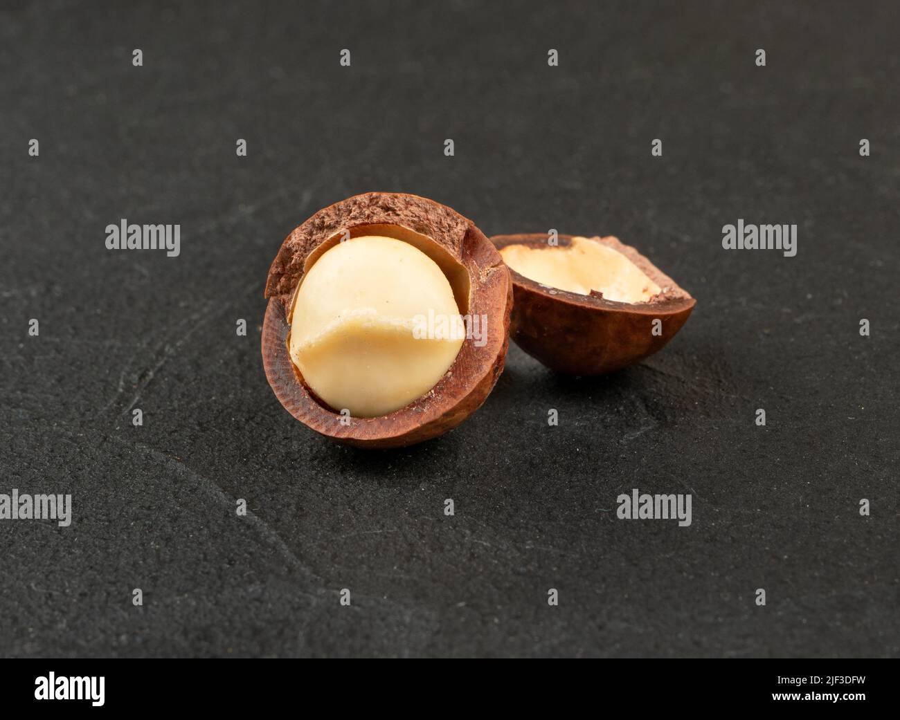 Macadamia nut is broken into two halves on a dark concrete background ...
