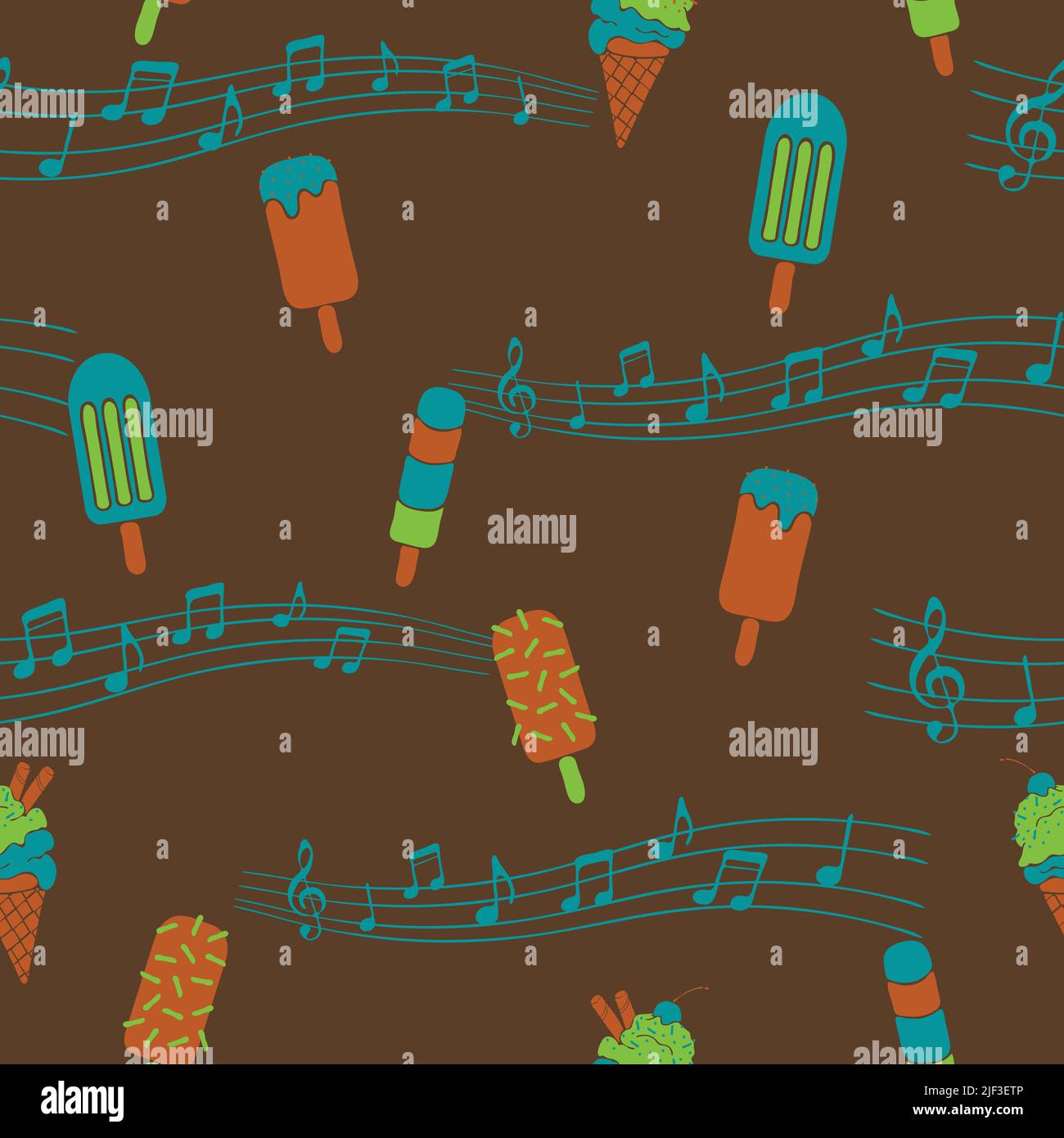 Seamless vector pattern with ice creams and music notes on brown ...