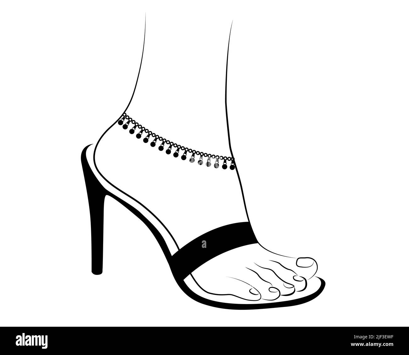 Beautiful Woman Feet line drawing with sandal and Anklet isolated on ...