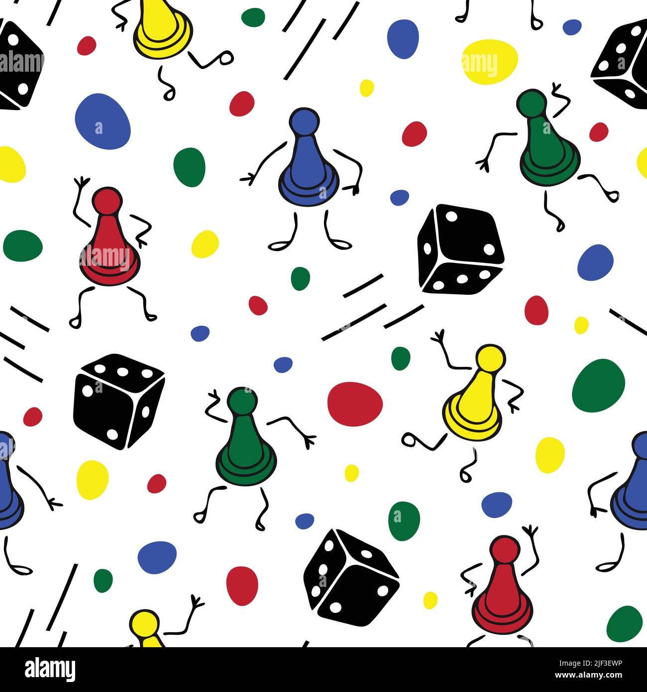 Seamless vector pattern with board game pieces and dice on white ...