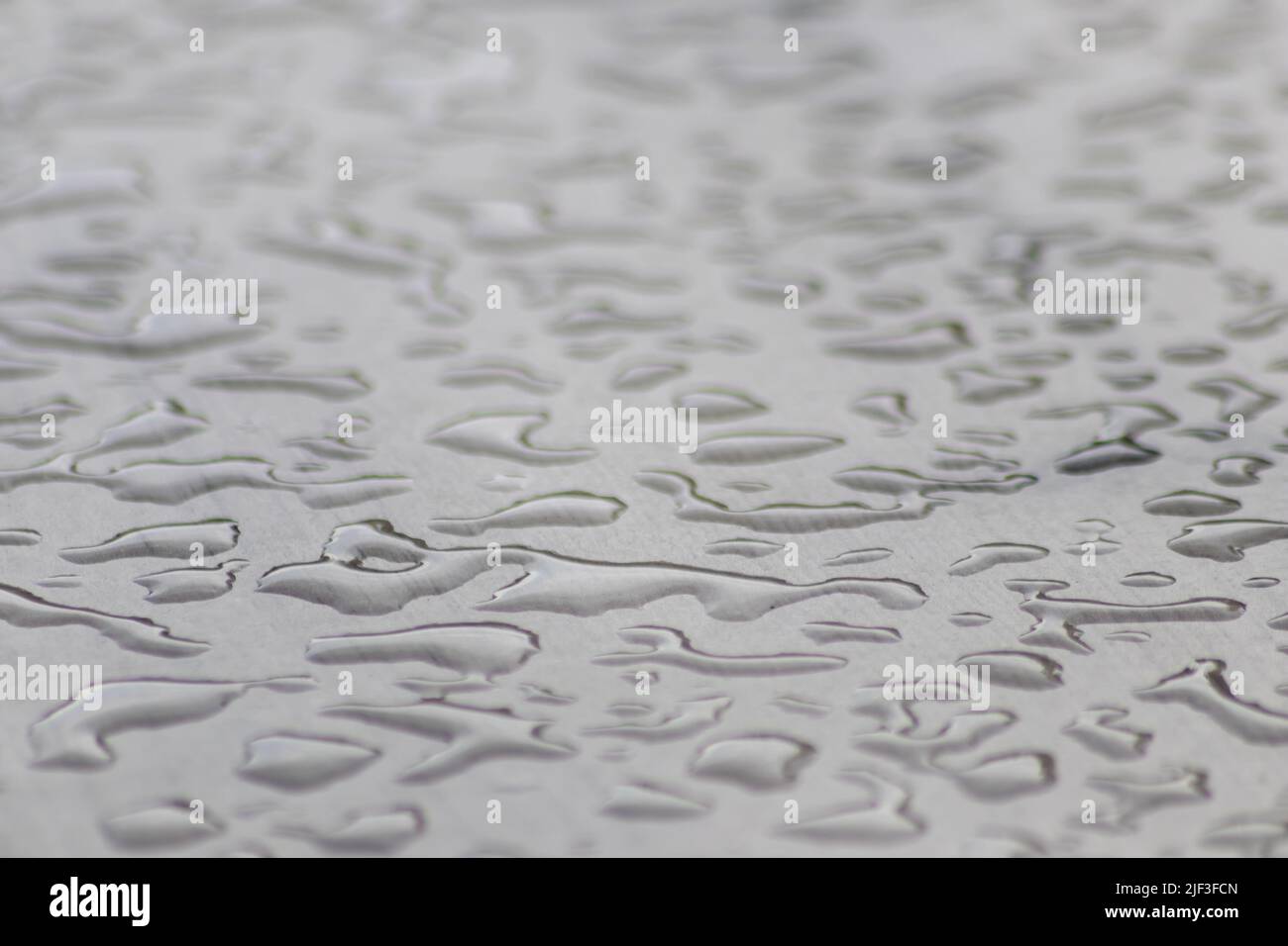 Many raindrops on a table surface on rainy day show pearls of water as ...