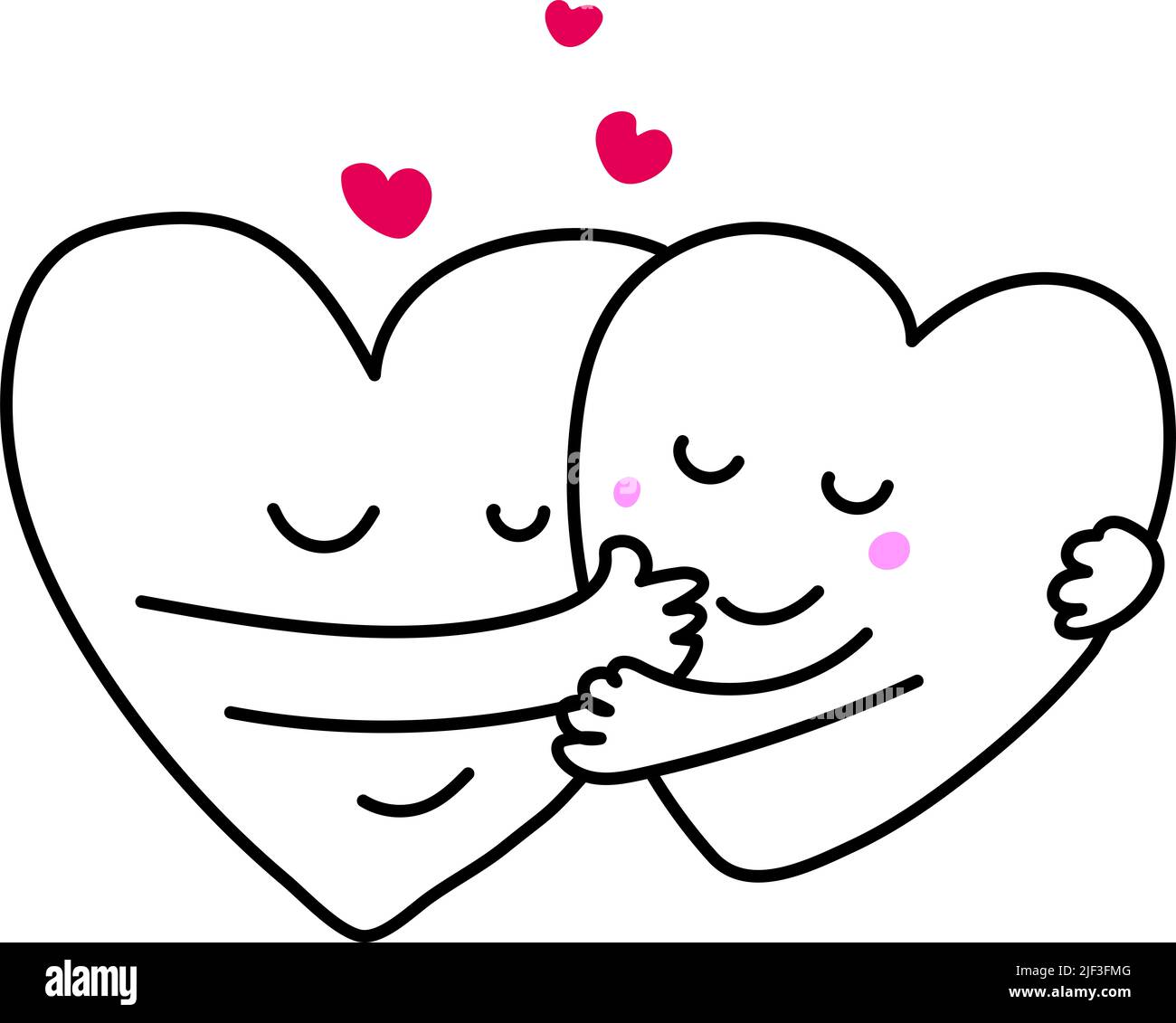 Simple hand-drawn two cute heart hug each other, doodle design, small ...