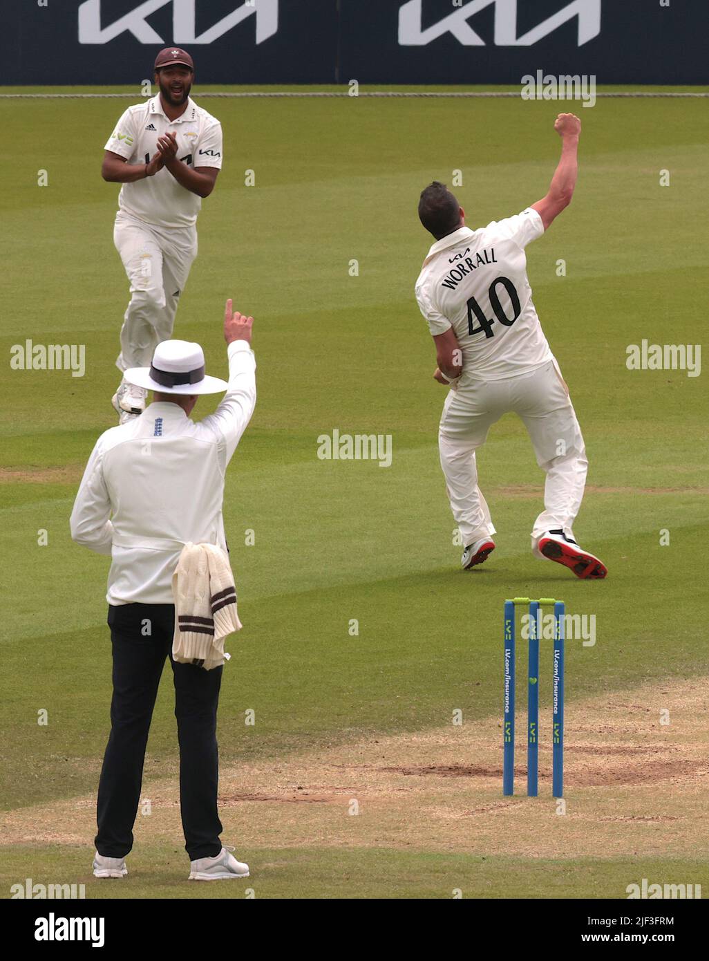 29 June, 2022. London, UK. Surrey’s Dan Worrall celebrates after ...