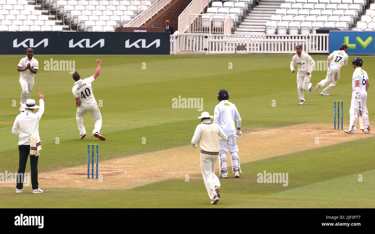 29 June, 2022. London, UK. Surrey’s Dan Worrall celebrates after ...