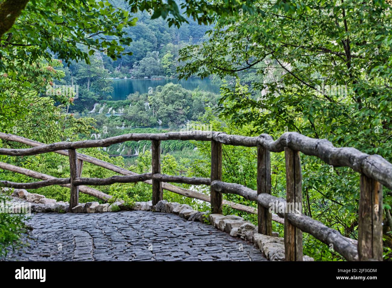 The wooden fence of winding cobblestone trail in the woods Stock Photo ...