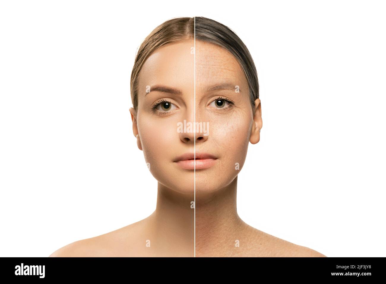 Composite image with girl in comparison youth and maturity. Skin aging ...