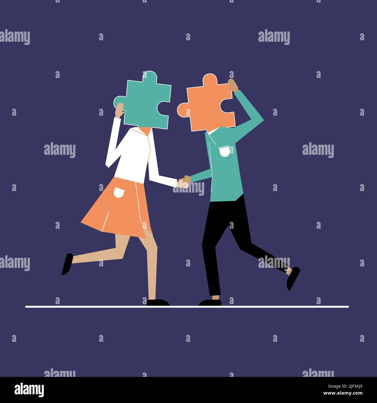 Cute flat couple run to each other with heads of matching puzzle's ...