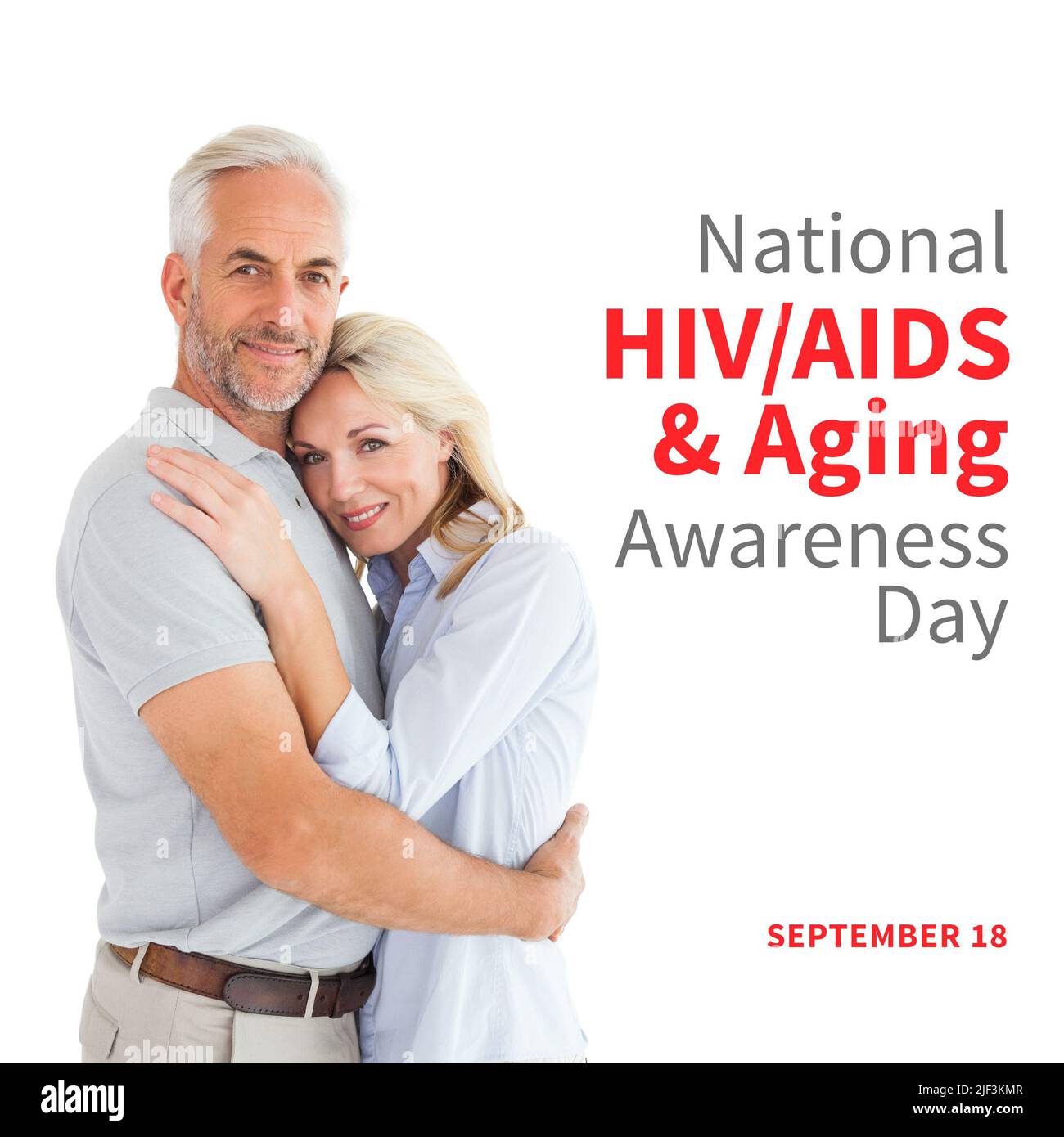 Portrait of caucasian elderly couple hugging with national hiv aids and ...