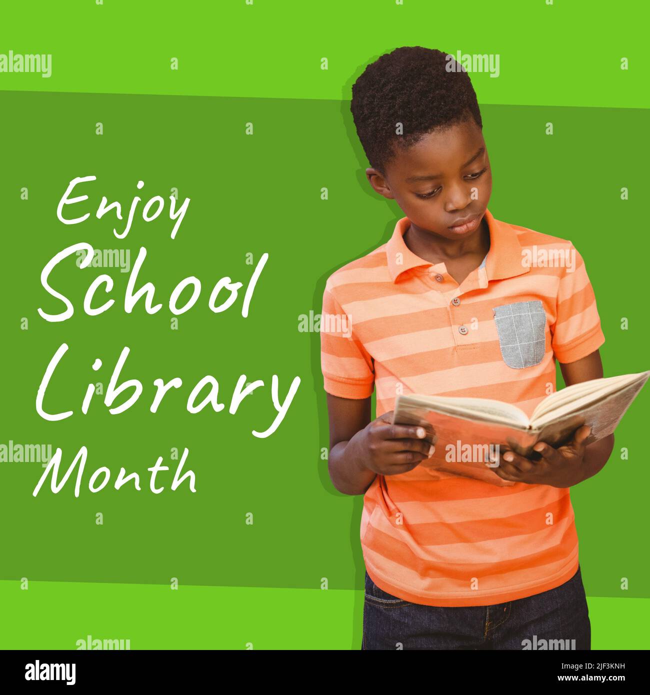 African american boy reading book and enjoy school library month text ...