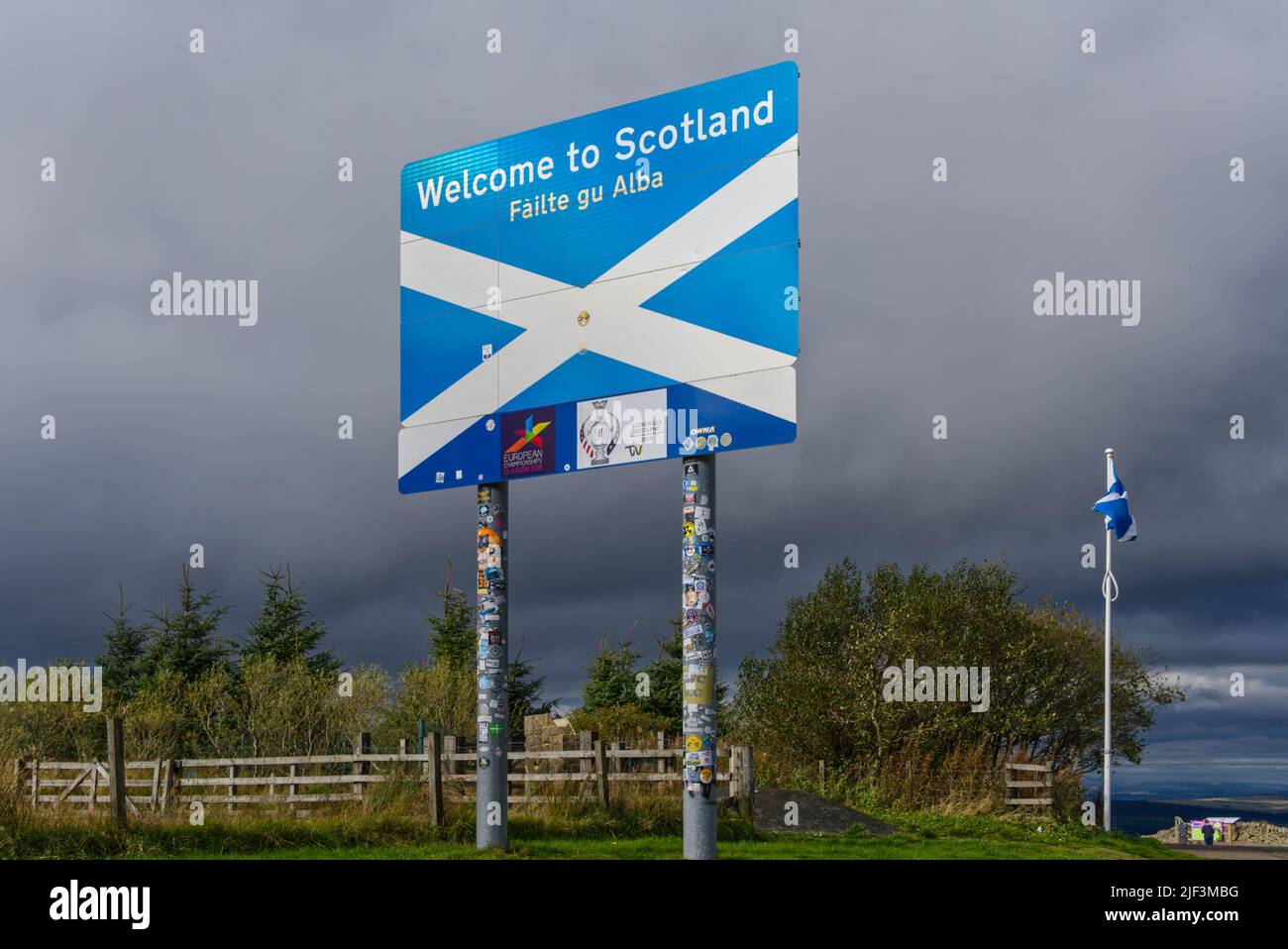 Welcome to Scotland sign and flag, on the border between England and ...