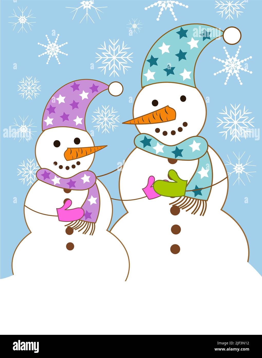 Two snowmen big and small wishing each other. Vector illustration Stock ...