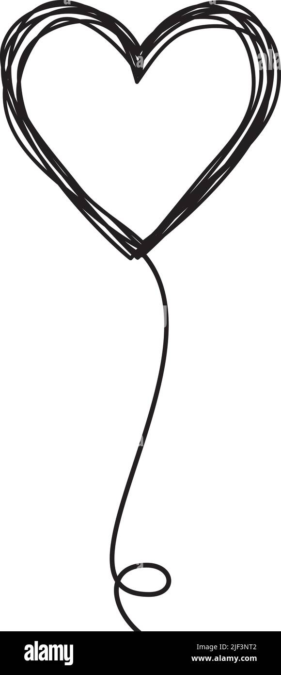 Tangled scribbled heart on a string line like an air balloon or a ...