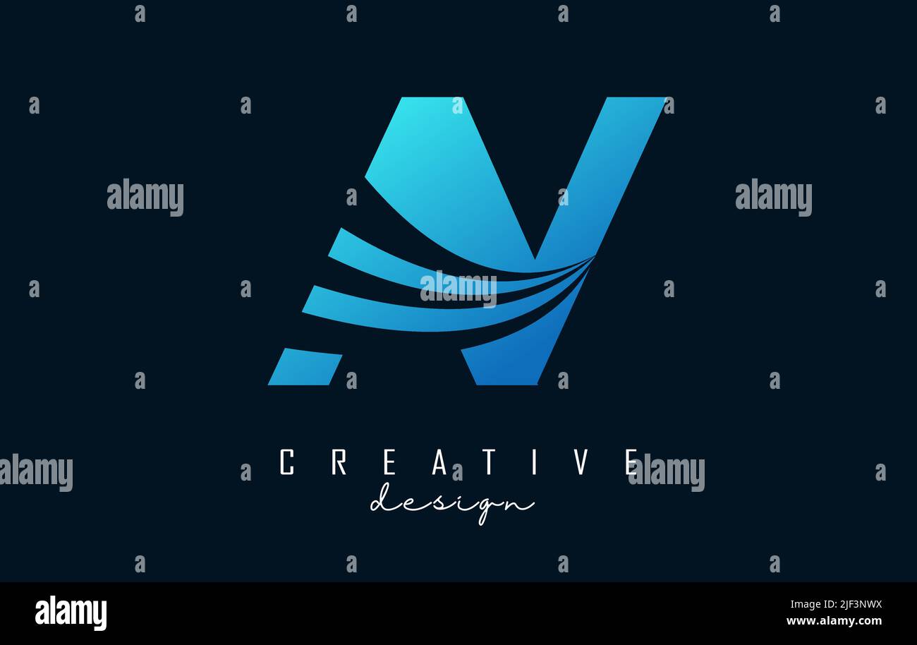 Creative blue letter AV A V logo with leading lines and road concept ...