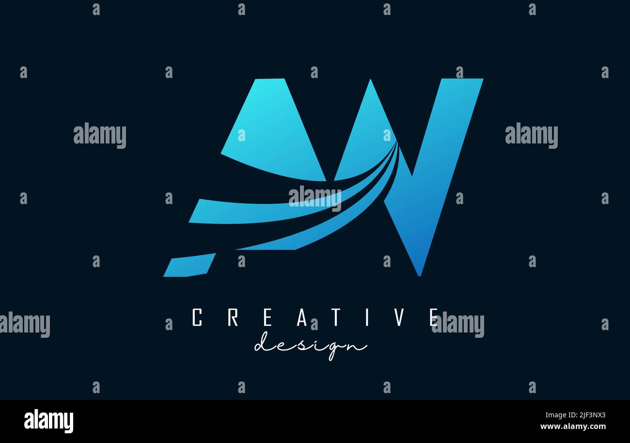 Creative blue letter AW A W logo with leading lines and road concept ...