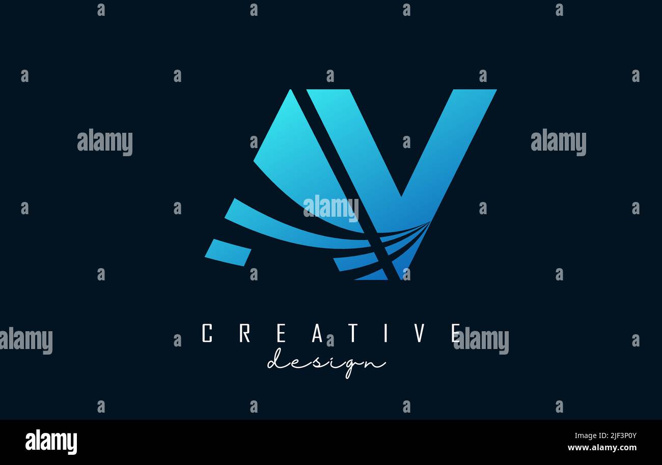 Creative blue letter AV A V logo with leading lines and road concept ...