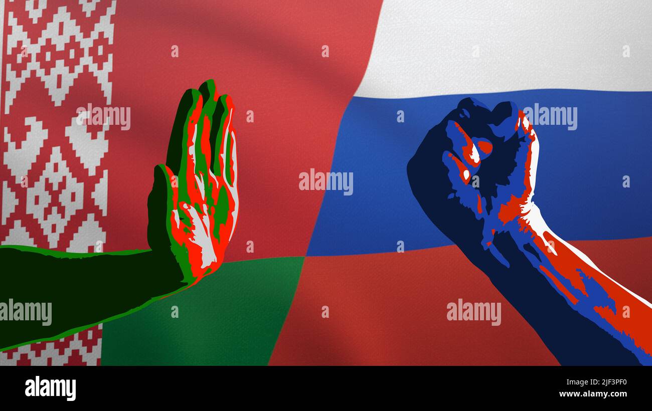 Stop gesture and fist sign - Belarus flag and Russia flags Stock Photo ...