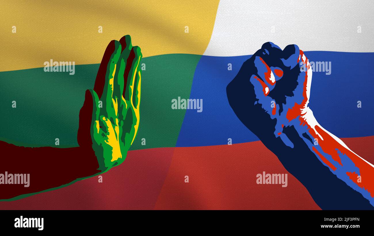 Stop gesture and fist sign - Lithuania flag and Russia flags Stock ...