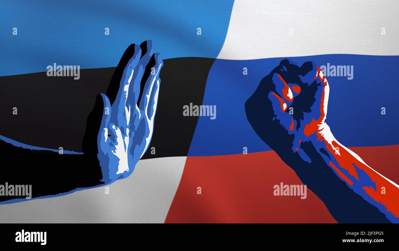 Stop gesture and fist sign - Estonia flag and Russia flags Stock Photo ...