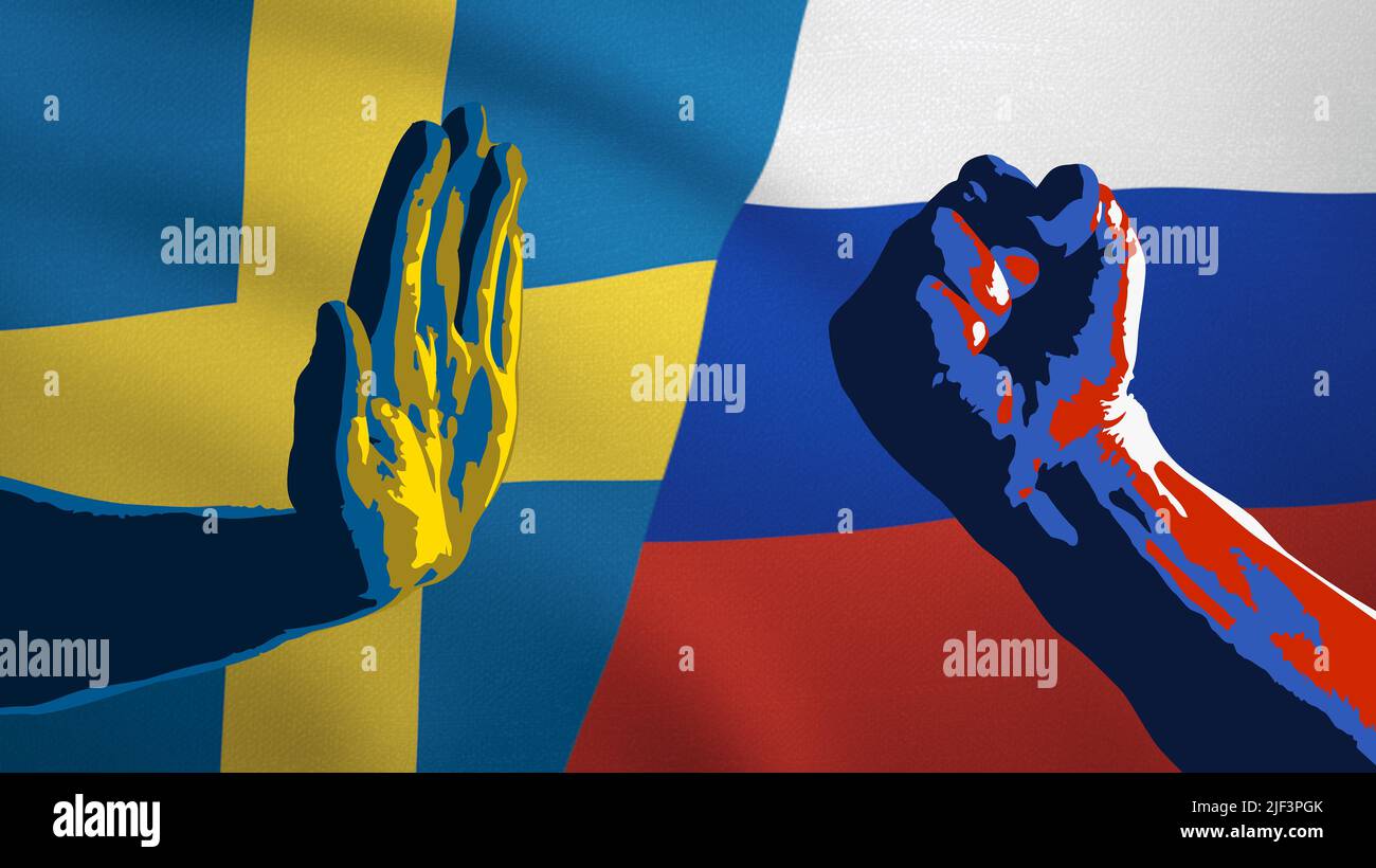 Stop gesture and fist sign - Sweden flag and Russia flags Stock Photo ...