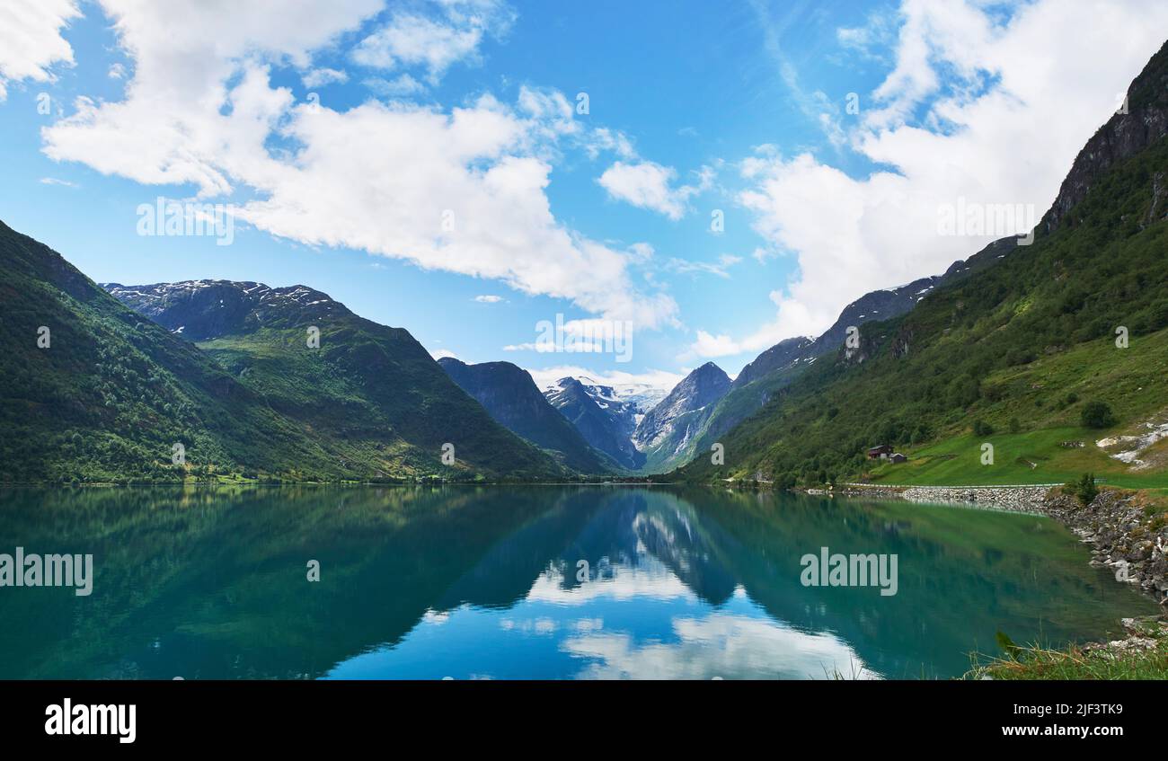 Majestic beautiful fjord landscape in Norway Fjord lake mountain snow ...