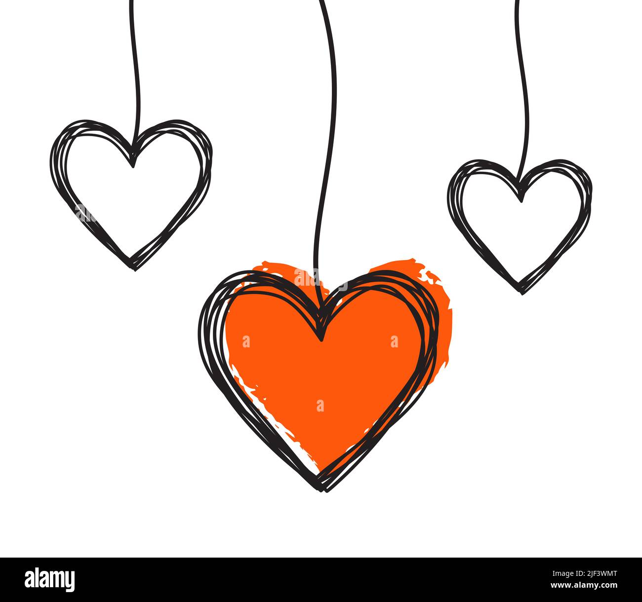 Tangled scribbled heart hanging on a string, hand drawn with thin line ...