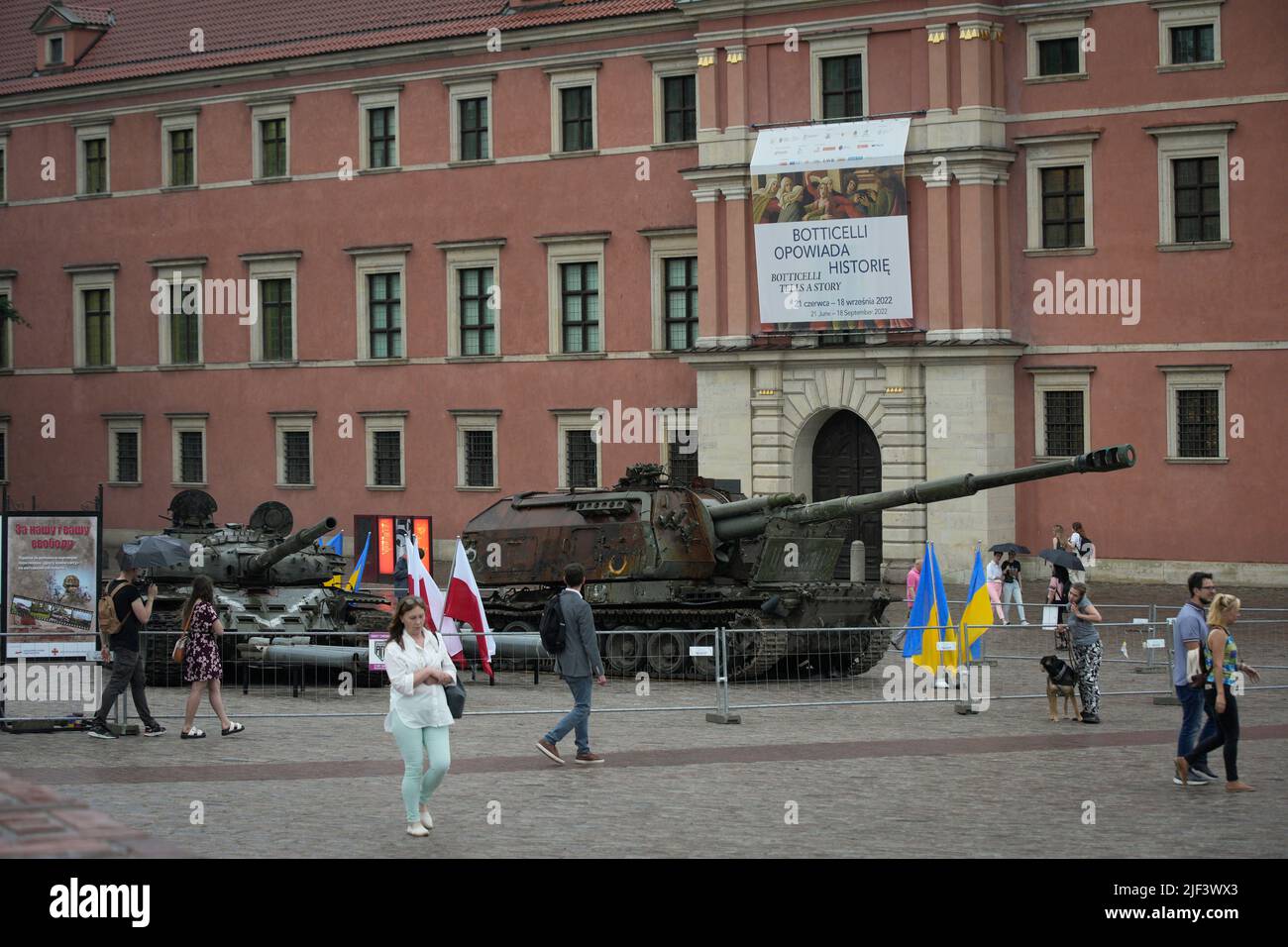 Russian tanks are seen on display near the Royal Castle in Warsaw ...