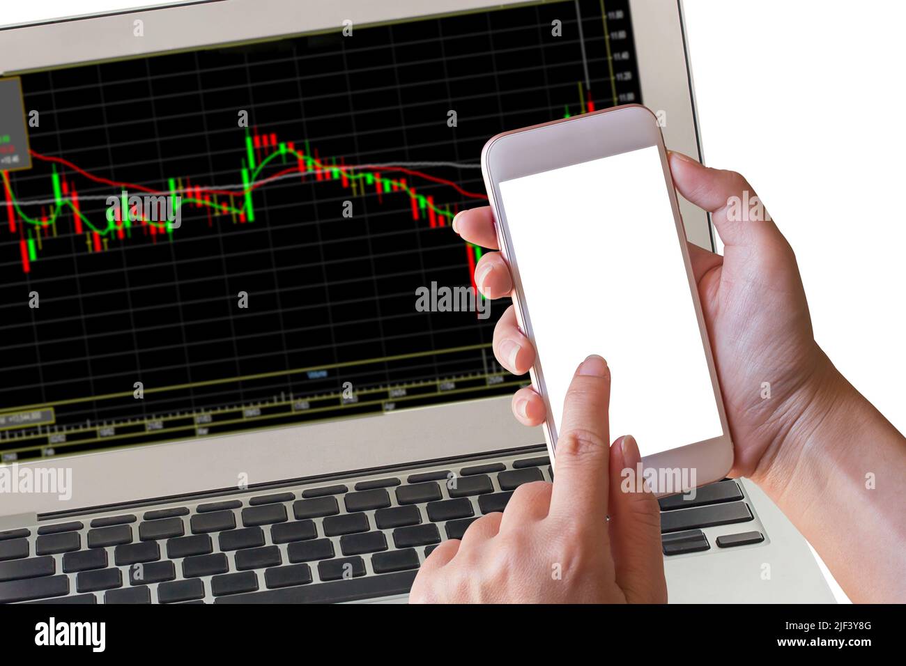 Female hand get smartphone with stock chart Fibonacci retracement ...