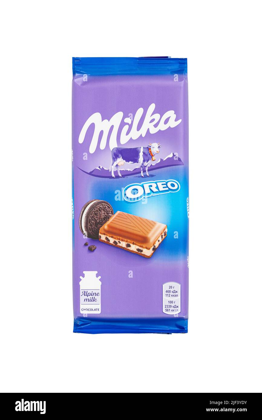 CHISINAU, MOLDOVA - June 28, 2022: Milka OREO alpine milk chocolate ...