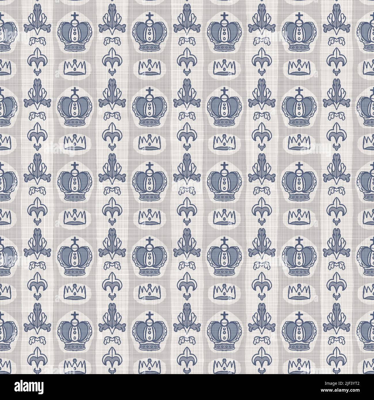 French blue crown motif seamless pattern. Tonal country cottage style ...