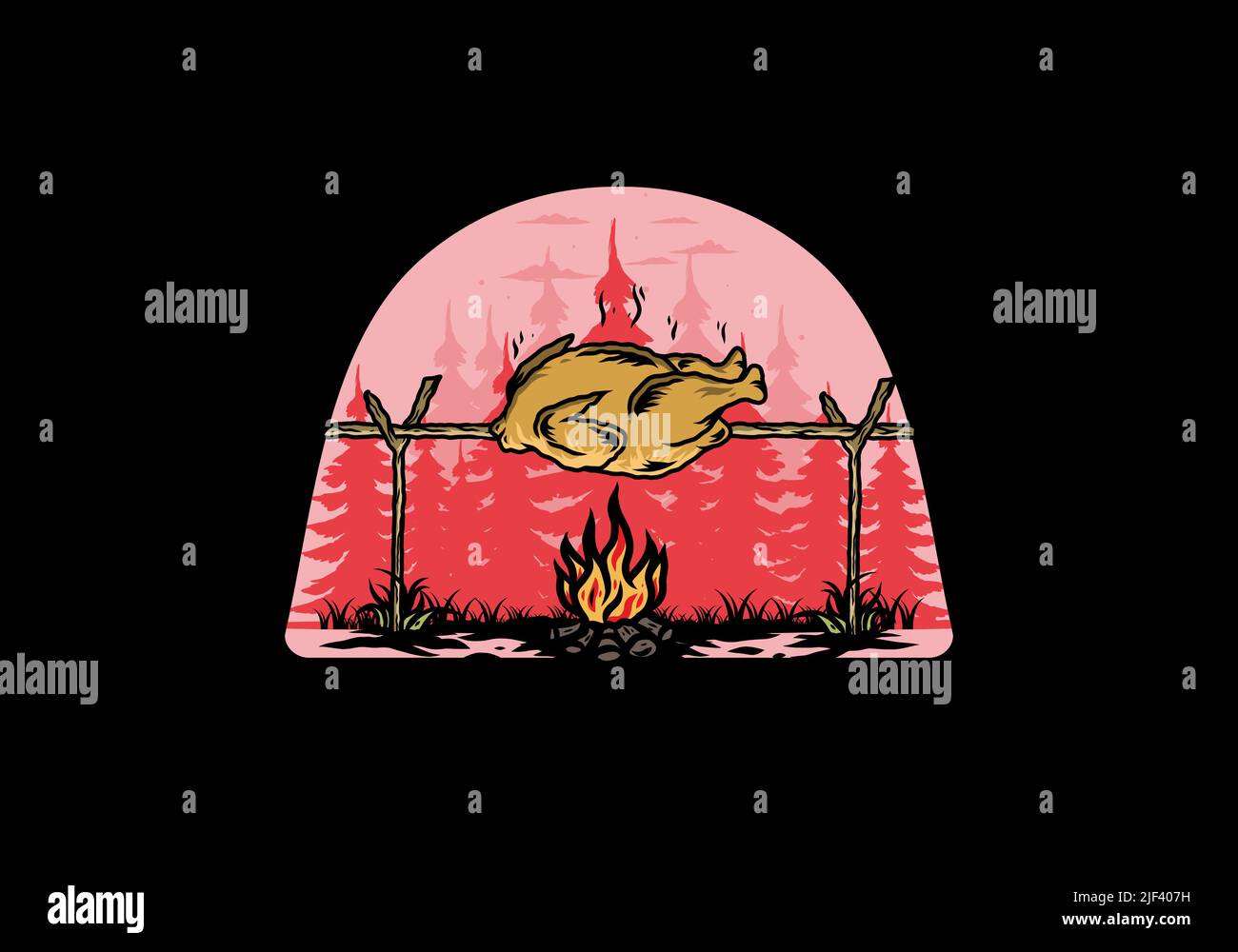 Illustration design of a Grilling chicken over bonfire Stock Vector ...