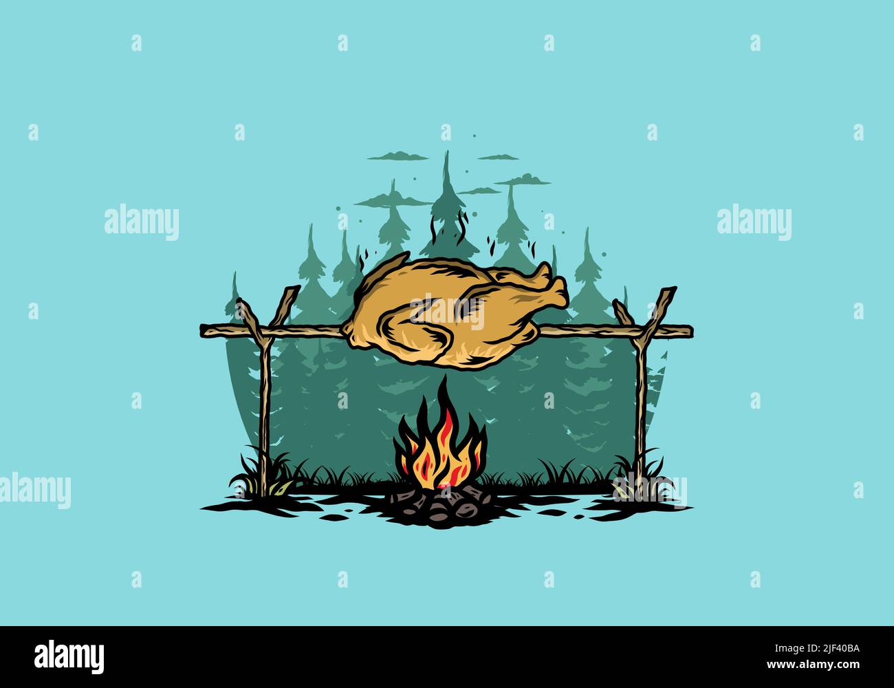 Illustration design of a Grilling chicken over bonfire Stock Vector ...