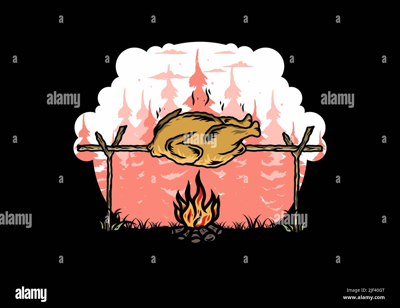 Illustration design of a Grilling chicken over bonfire Stock Vector ...