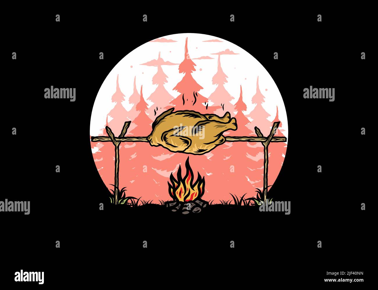 Illustration design of a Grilling chicken over bonfire Stock Vector ...