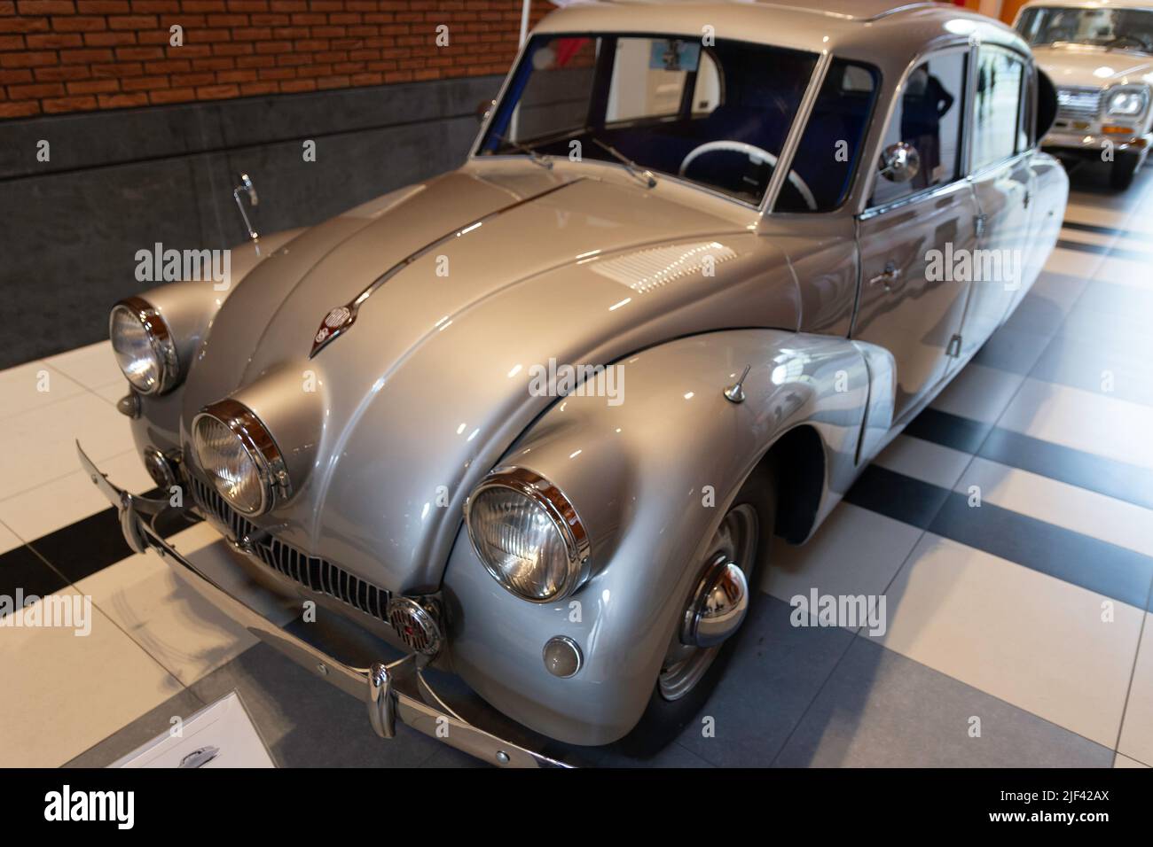 Classic old silver car exposed in the museum. Tatra 87 Stock Photo - Alamy
