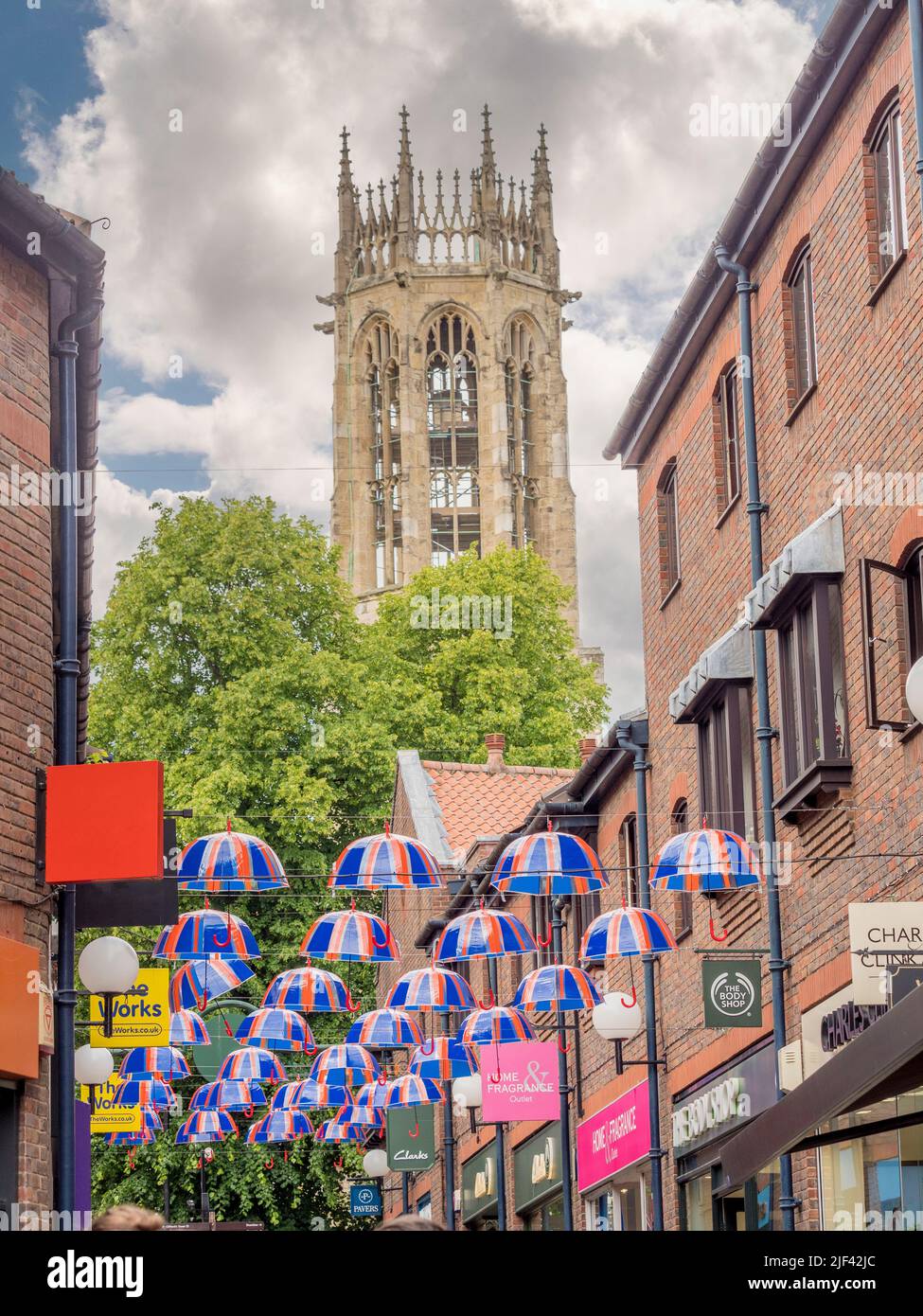 Union Jack umbrellas suspended above Coppergate Walk with the octagonal ...