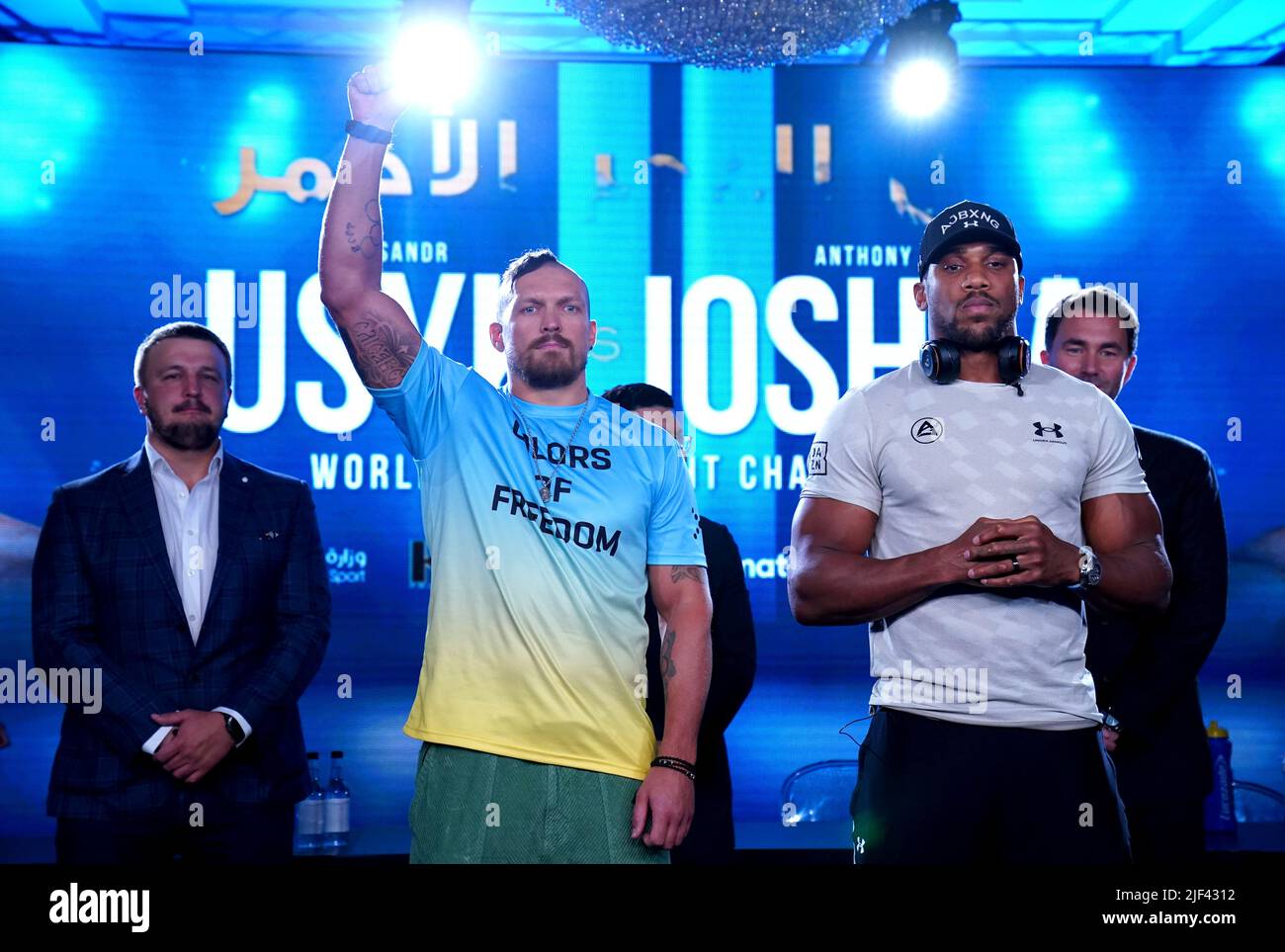 Oleksandr Usyk (left) and Anthony Joshua during a press conference at ...
