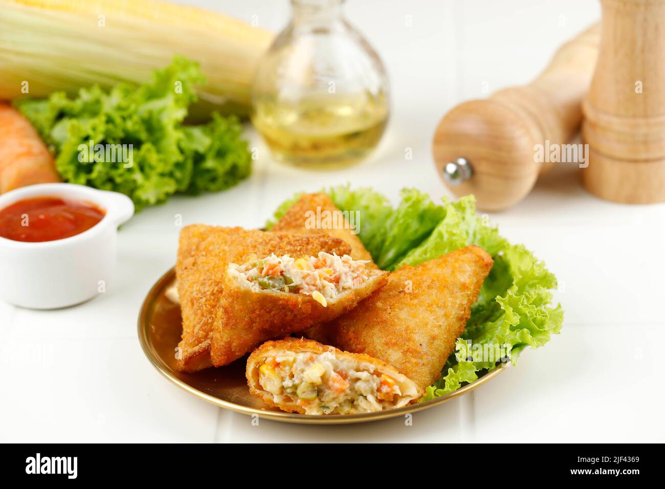 Vegetarian Samosas with Dipping Sauces on White Table. Selected Focus ...