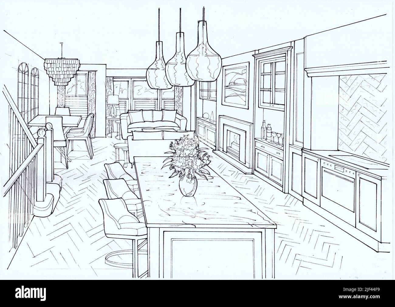 One Point Perspective Kitchen Drawing