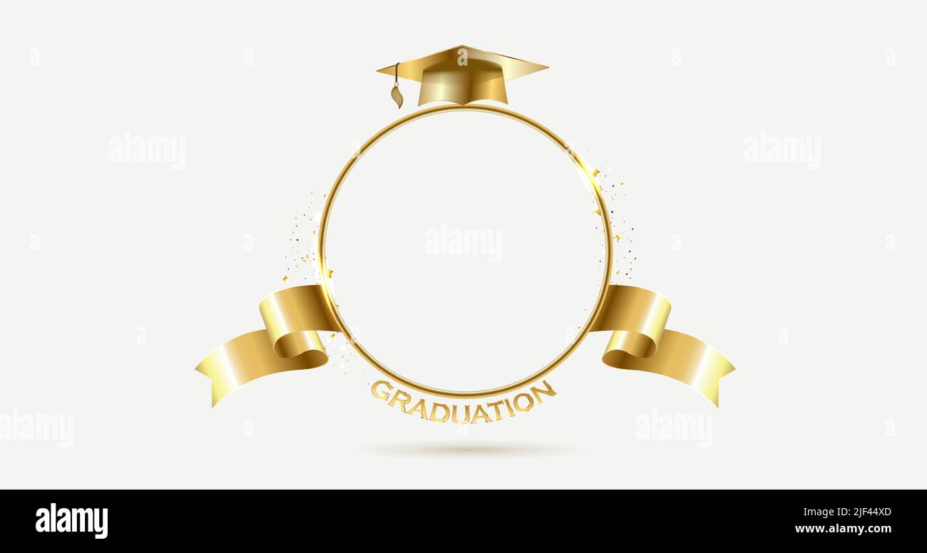 Golden round frame with a graduate hat. Vector graduation ceremony hat ...