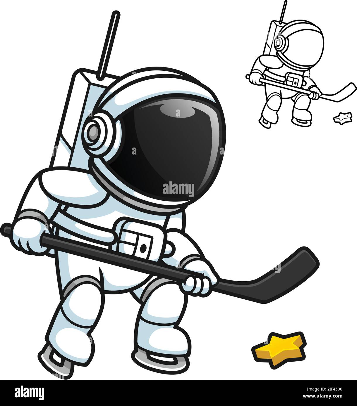 Cute Astronaut Playing Hockey with Star Hockey Puck with Black and ...